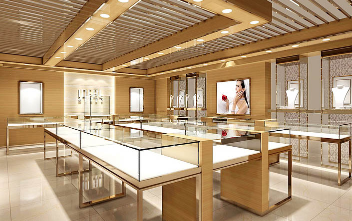 Golden Wood Display Showcase for Jewelry Brand Store Design | Funroadisplay