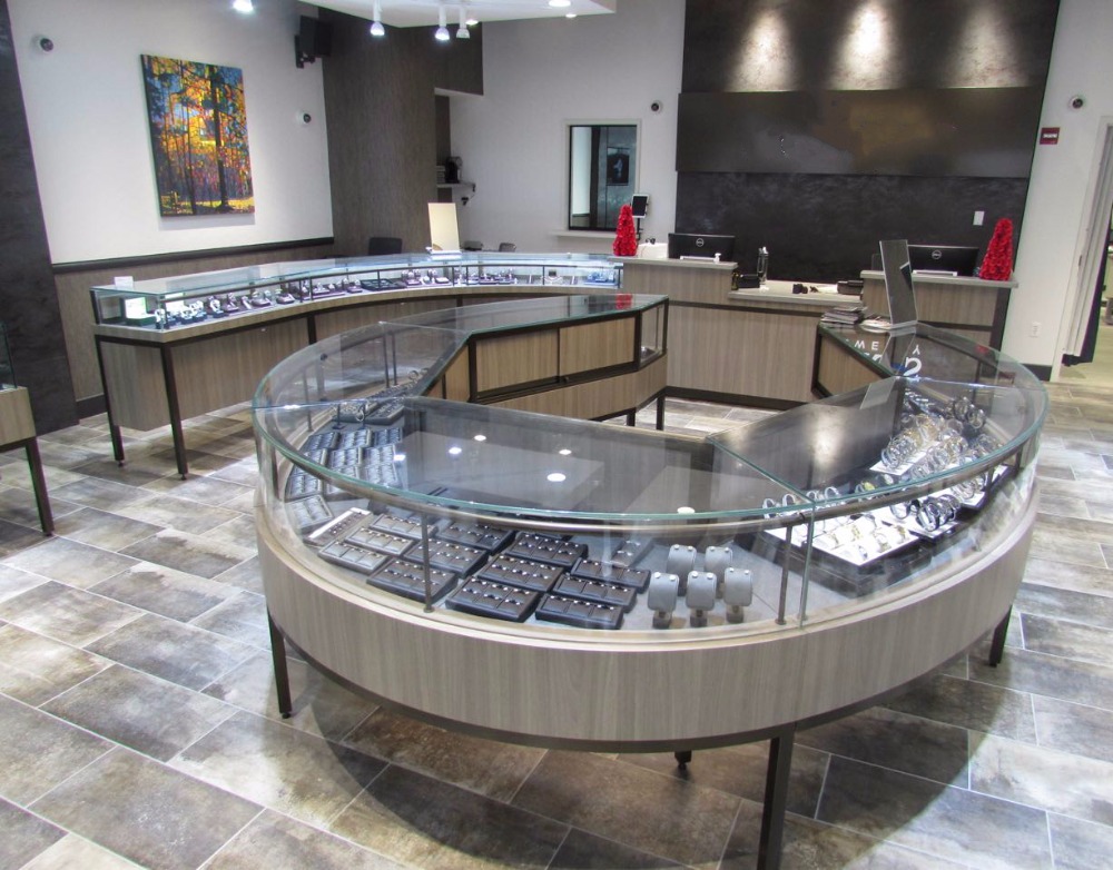 Customized glass jewellery display counter brand jewellery showroom design