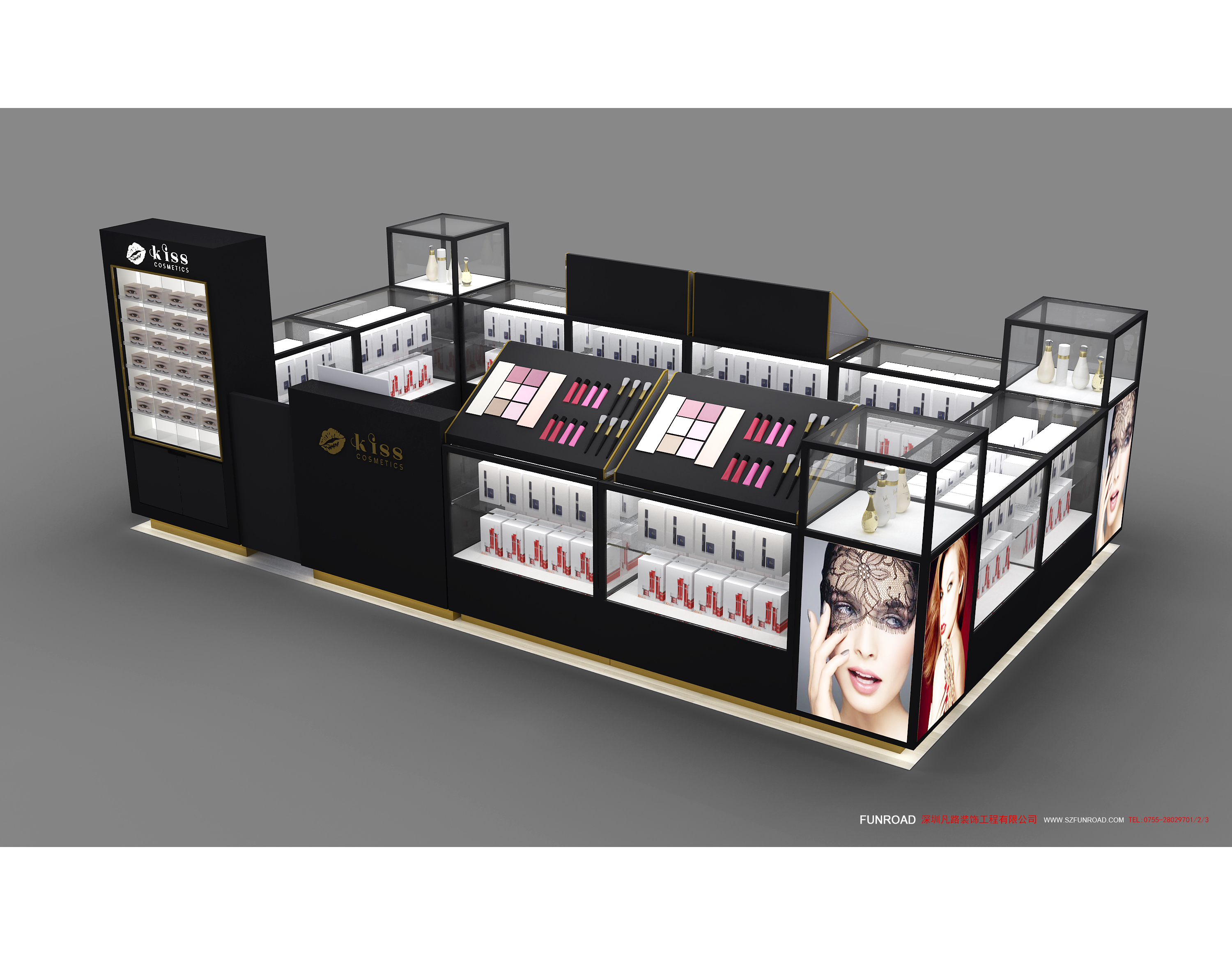 cosmetic kiosk in mall makeup counter display