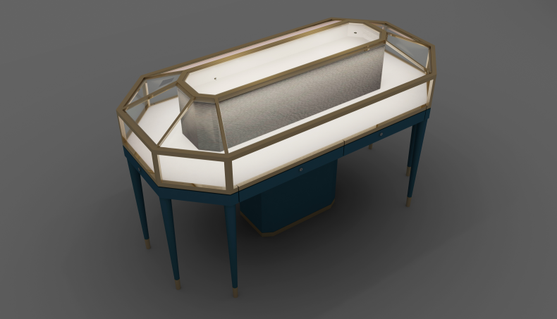 Modern luxury metal jewelry display table design with top tempered glass